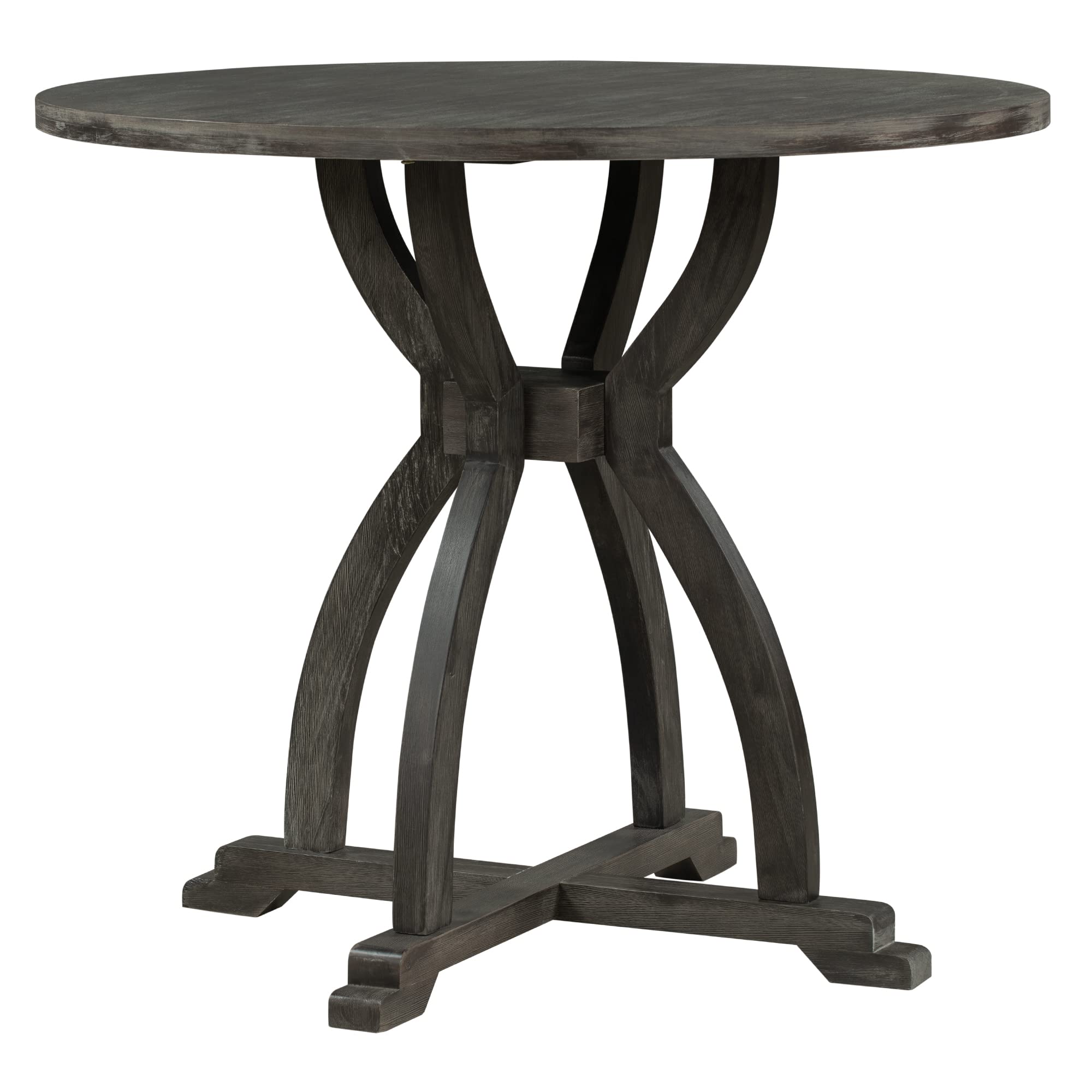 Bellemave Round Dining Set 5-Piece Farmhouse Kitchen Table and Chairs for 4, Wood Round Dining Table Set with Trestle Legs and 4 Upholstered Dining Chairs for Small Place, White Gray