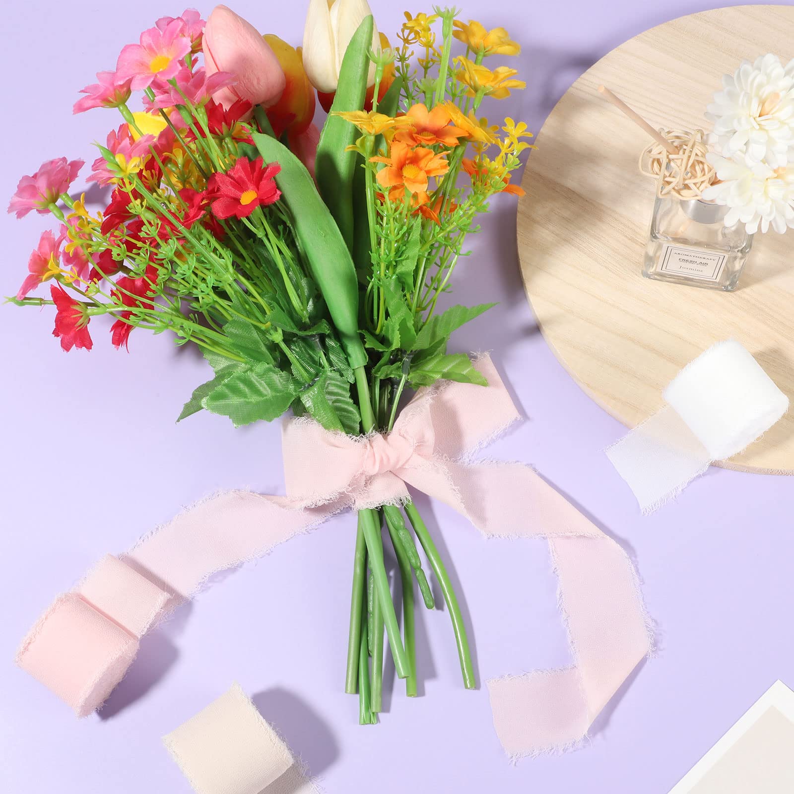Pink & Cream Chiffon Ribbon for Gift Wrapping, 1.5 Inch × 8 Yards Pink Ribbon for Wedding Party Decorations, Flower Bouquet Wrapping Pink Bows Making(4 Rolls )