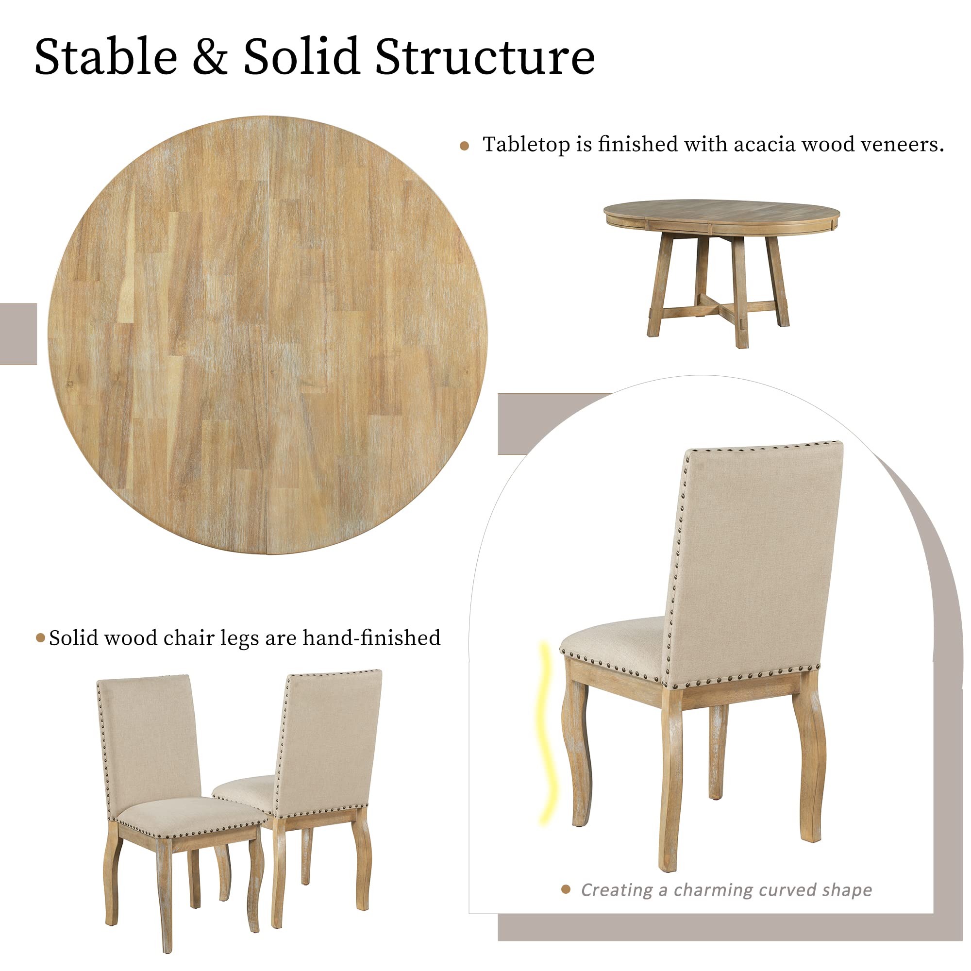 Eafurn Round Kitchen Table & Chairs for 4 4,5-Piece Farmhouse Dining Sets, Include Wooden Extendable Four Upholstered Curved Shaped Living Room, 42 x 42 x 30 inches, Natural Wood Wash