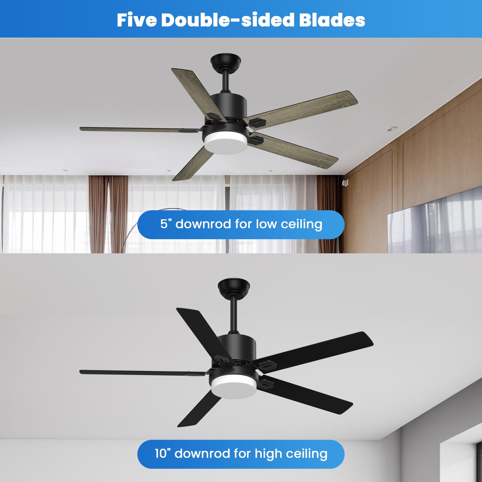 alescu Black Ceiling Fans with Lights - Outdoor Ceiling Fan with Remote/APP Control, 52 Inch Modern Ceiling Fan for Patio, Bedroom Living Room