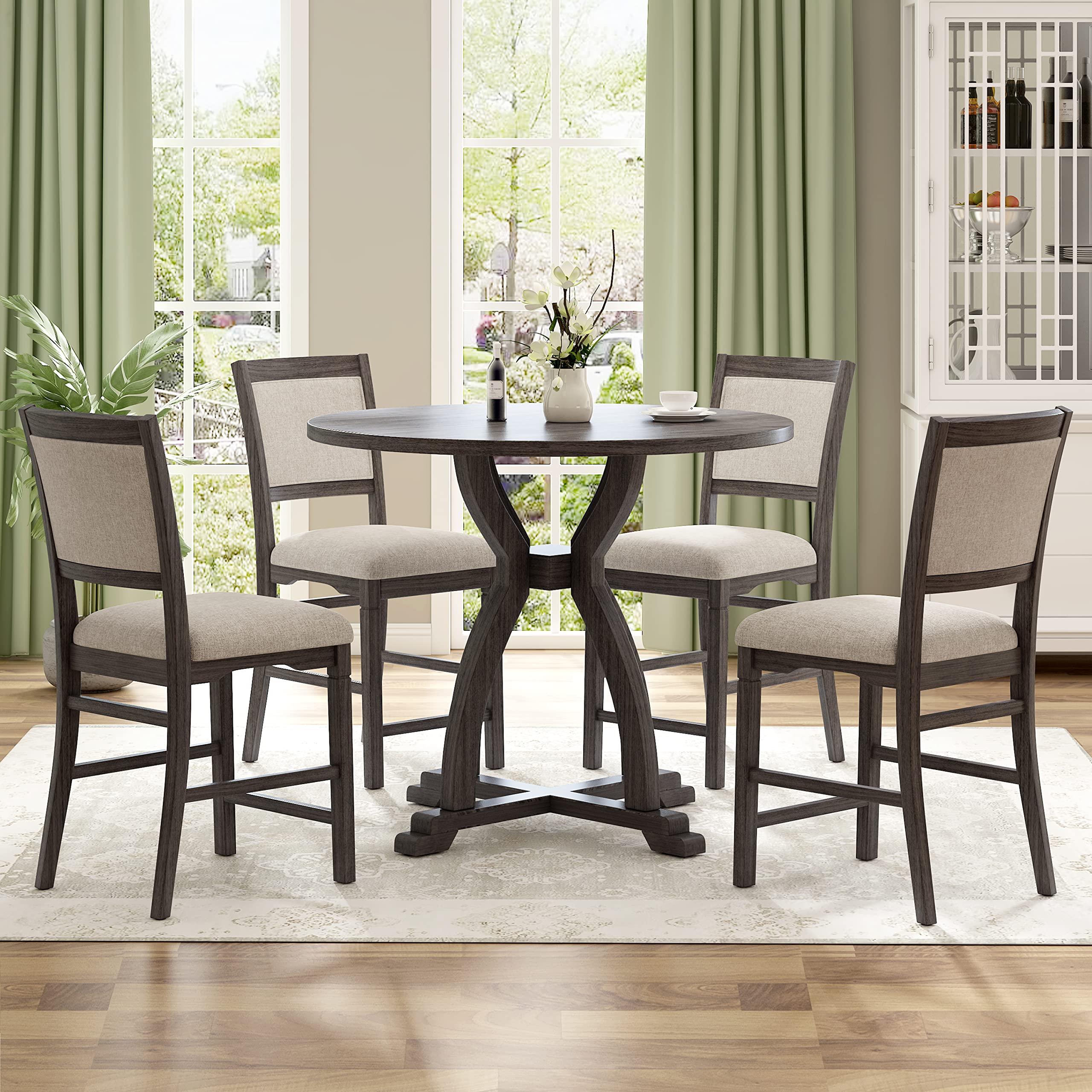 Bellemave Round Dining Set 5-Piece Farmhouse Kitchen Table and Chairs for 4, Wood Round Dining Table Set with Trestle Legs and 4 Upholstered Dining Chairs for Small Place, White Gray