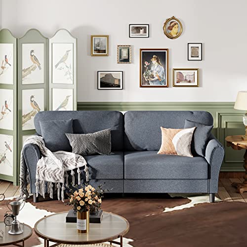 Vongrasig 87.4" Loveseat Sofa, Mid Century Modern Linen Fabric 3-Seater Love Seat Couch with Curved Armrest for Living Room, Bedroom, Apartment and Small Space (Dark Grey)