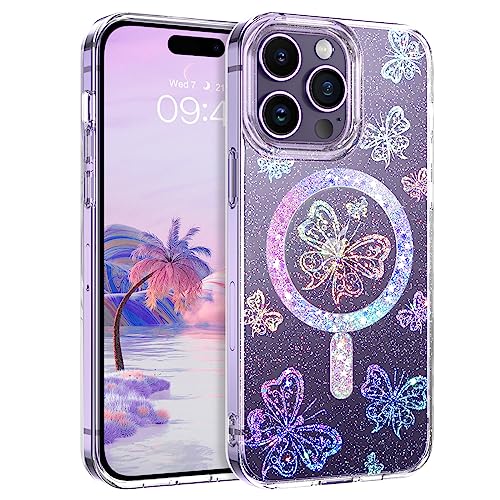 GUAGUA for iPhone 14 Pro Max Magnetic Case, Compatible with Magsafe Clear Glitter Butterfly Slim TPU Transparent Shockproof Protective Bling Phone Case for iPhone 14 Pro Max 6.7", Fantasy Butterfly