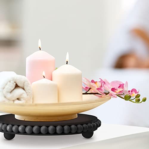 2 Pcs Beaded Wood Pedestal Stand Wooden Risers for Display Farmhouse Round Display Stands Decorative Accent for Coffee Bar, Bathroom, Kitchen Island, Plant Pot (Black, 6/9.5 Inch)