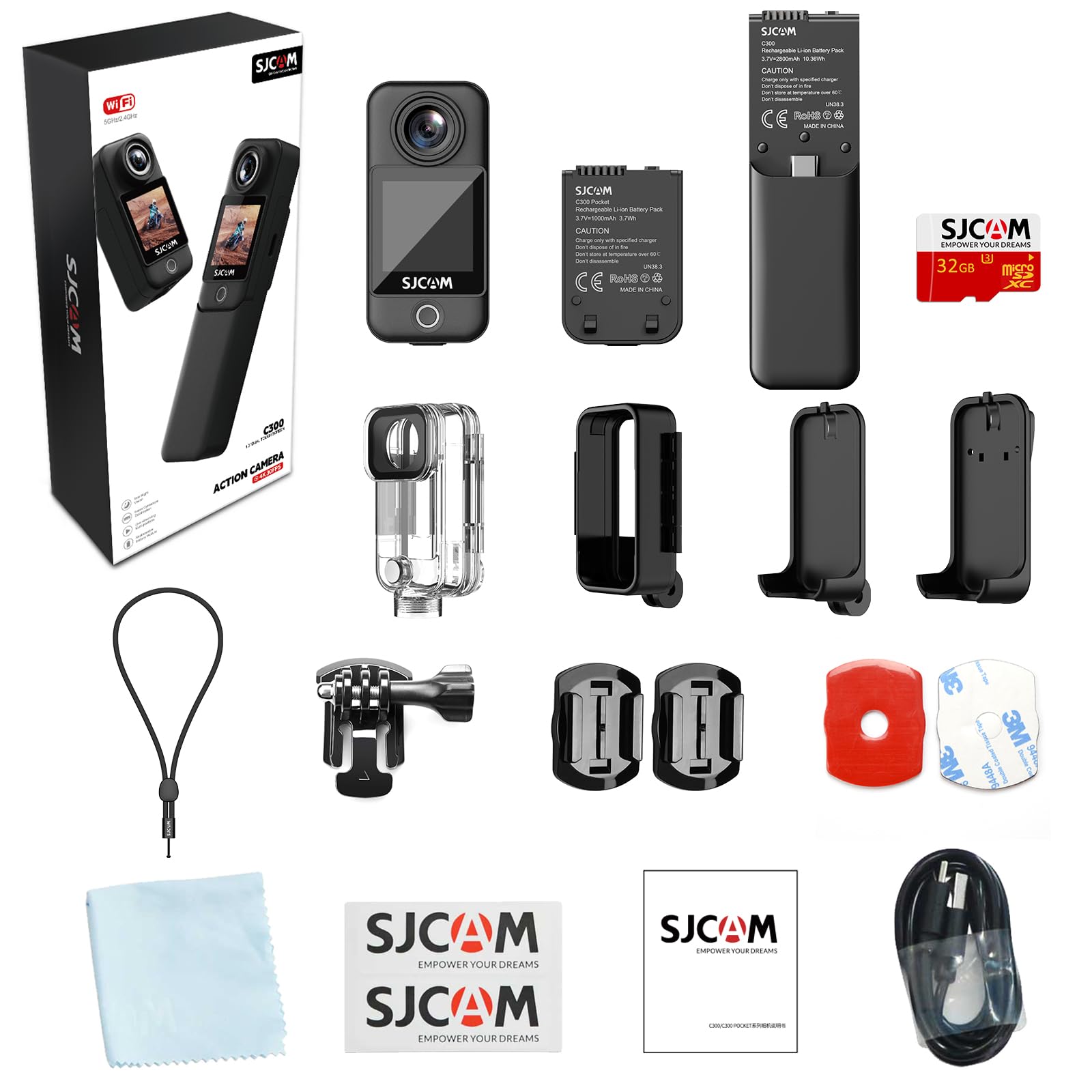 SJCAM C300 Pocket Camera 4K, 3800mAh Battery 6-Axis Stabilizer Action Camera, Dual-Touch Screen Body Camera, Waterproof, Suitable for Vlogging and Live Streaming, with Helmet Mount Kits, Black