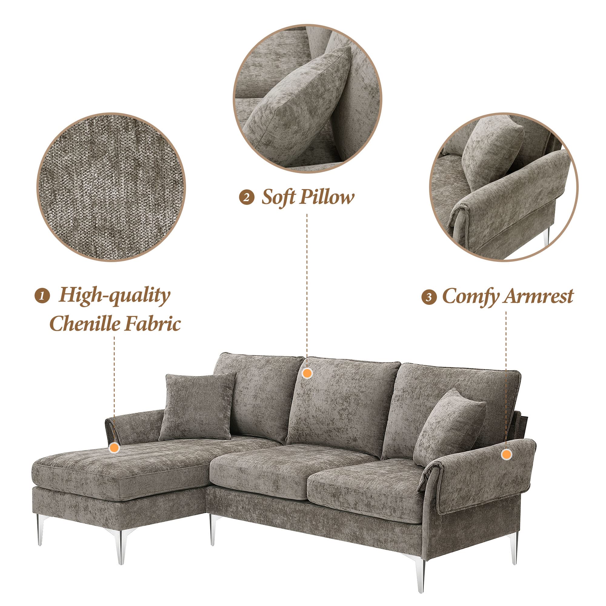 LCH 84" Convertible Sectional, Modern Chenille L-Shaped Sofa Couch with Reversible Chaise Lounge, 2 Pillows, Fit for Living Room, Apartment, Espresso