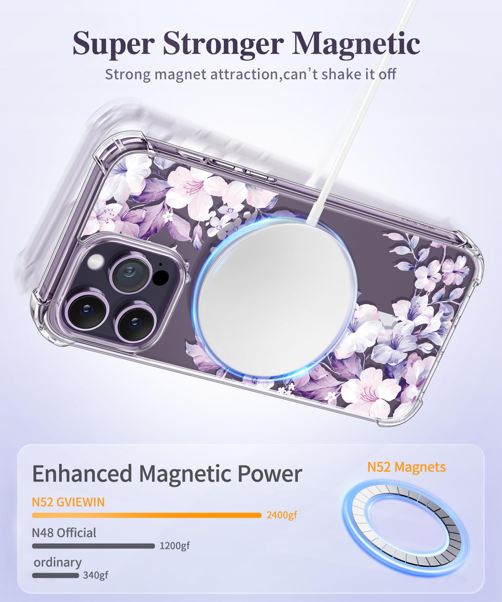 GVIEWIN for iPhone 14 Pro Max Case Compatible with MagSafe, [Screen Protector + Camera Lens Protector][MIL-Grade Protection] Magnetic Floral Clear Shockproof Women for 14 Pro Max Phone Case(Foliolosa)