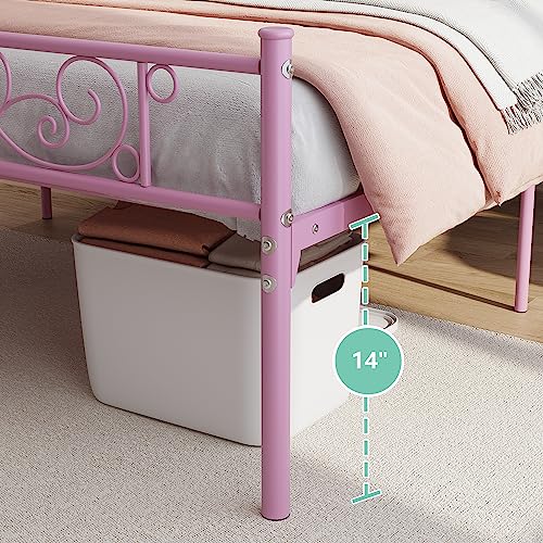 Elephance Full Size Bed Frame with Headboard and Footboard, Metal Platform Bed Frame with 14 Inch Storage Space No Box Spring Needed Easy Assembly for Adult Pink