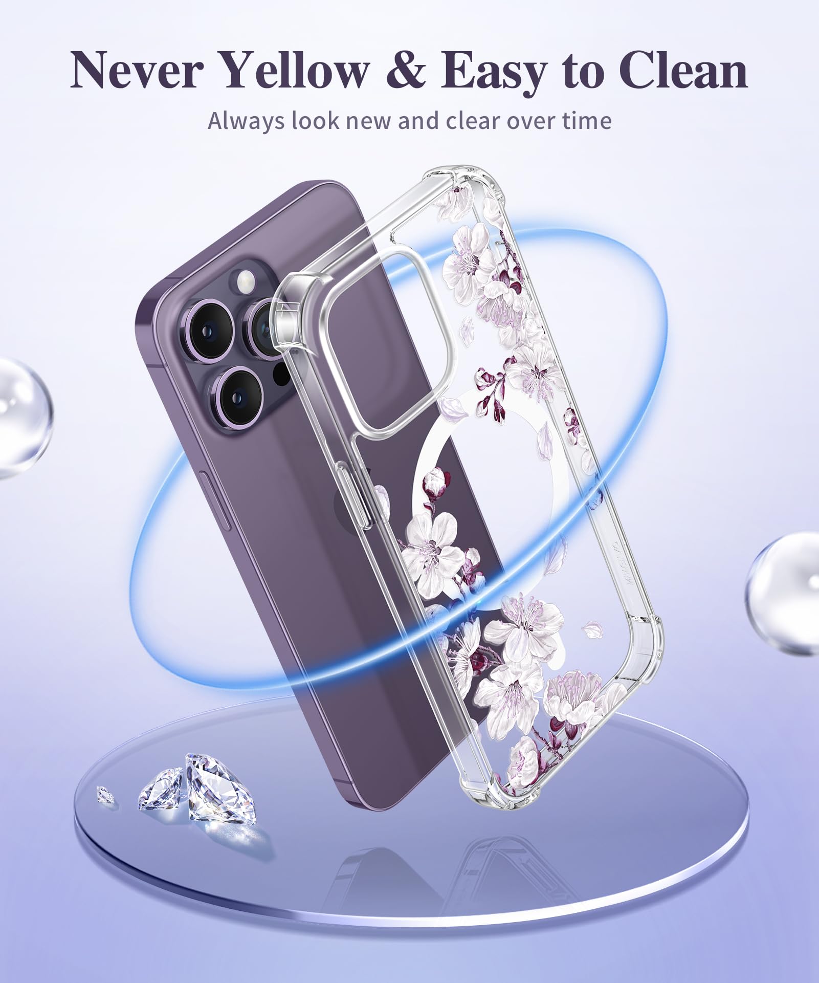GVIEWIN for iPhone 14 Pro Max Case Compatible with MagSafe, [Screen Protector + Camera Lens Protector][MIL-Grade Protection] Magnetic Floral Clear Shockproof Women for 14 Pro Max Phone Case(Foliolosa)