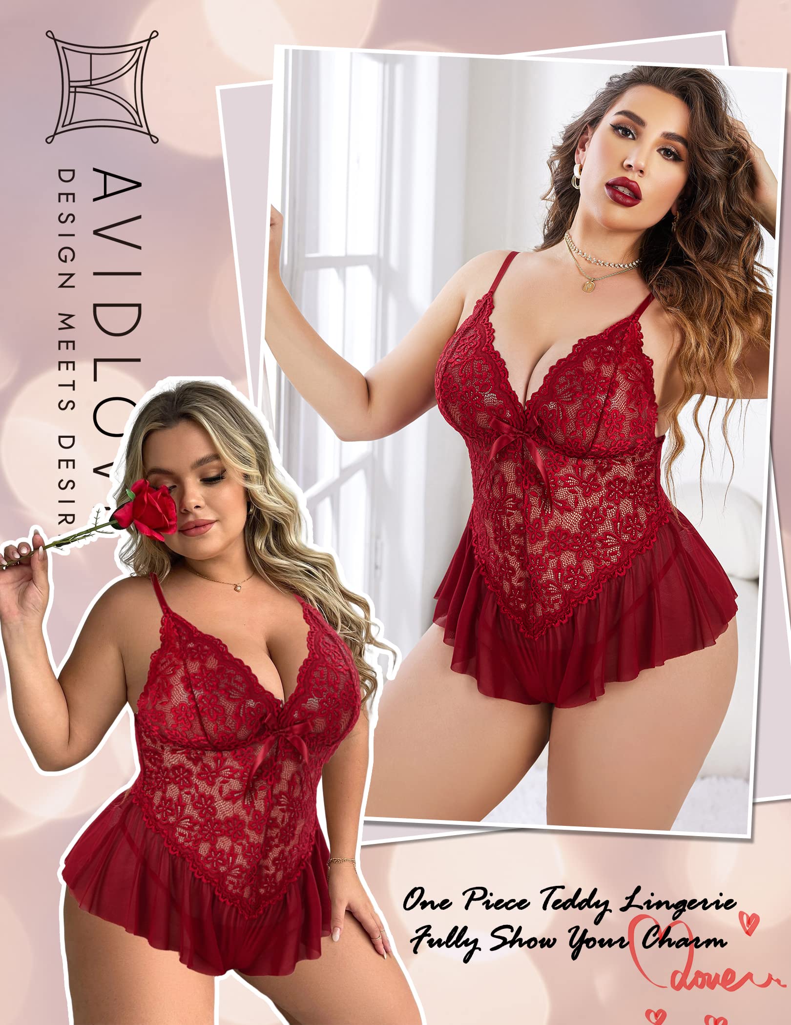 Avidlove Plus Size Women Lingerie Bodysuit Sexy Lace Teddy One Piece Babydoll Chemise L-4XL Dark Red