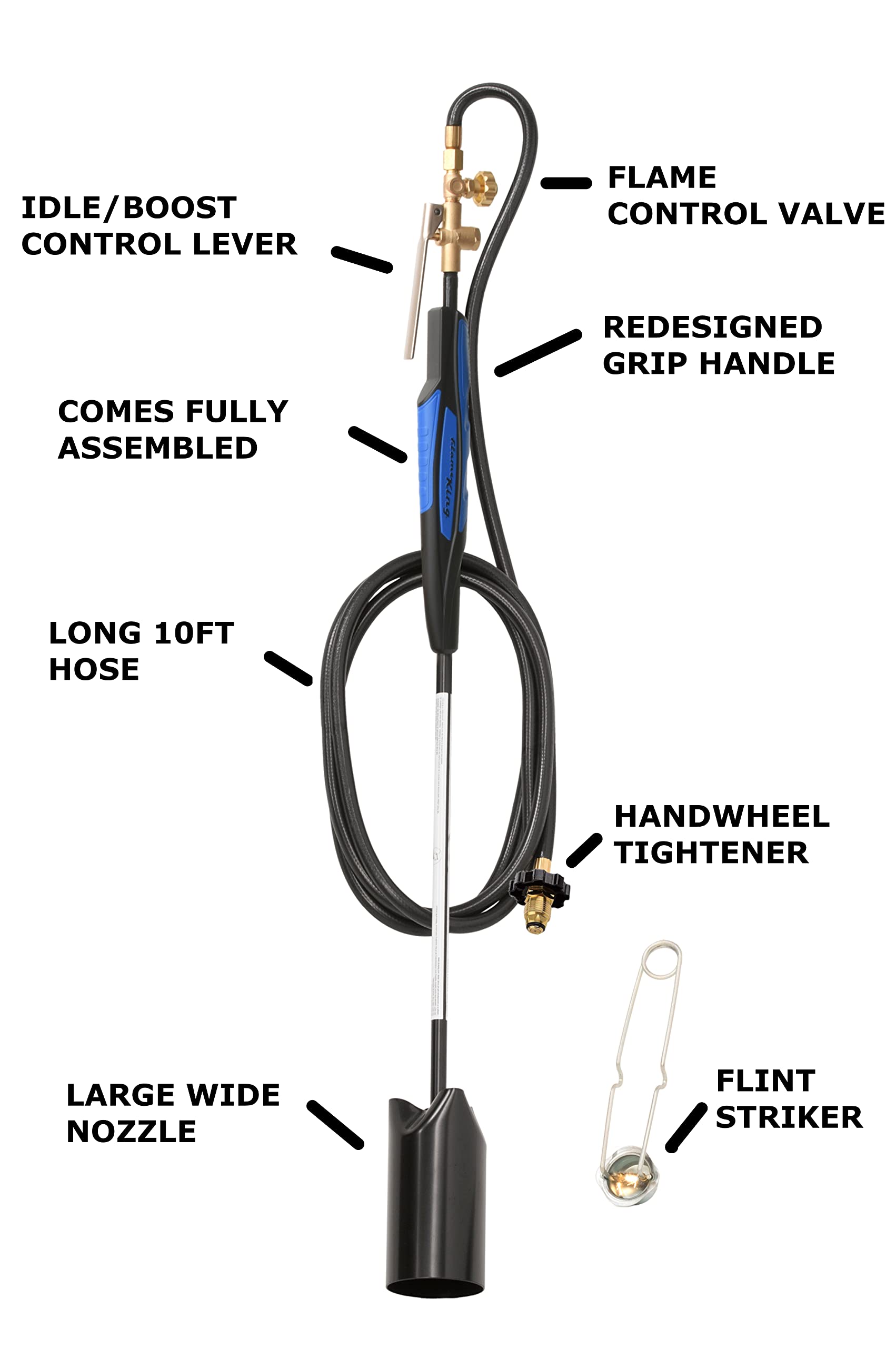 Flame King Propane Torch Kit Heavy Duty Weed Burner, 500,000 BTU with Flint Striker, with 10-ft Hose Regulator Assembly & YSNBKPK-AF Alice Pack Frame Backpack for 10LB Propane Tank, Black
