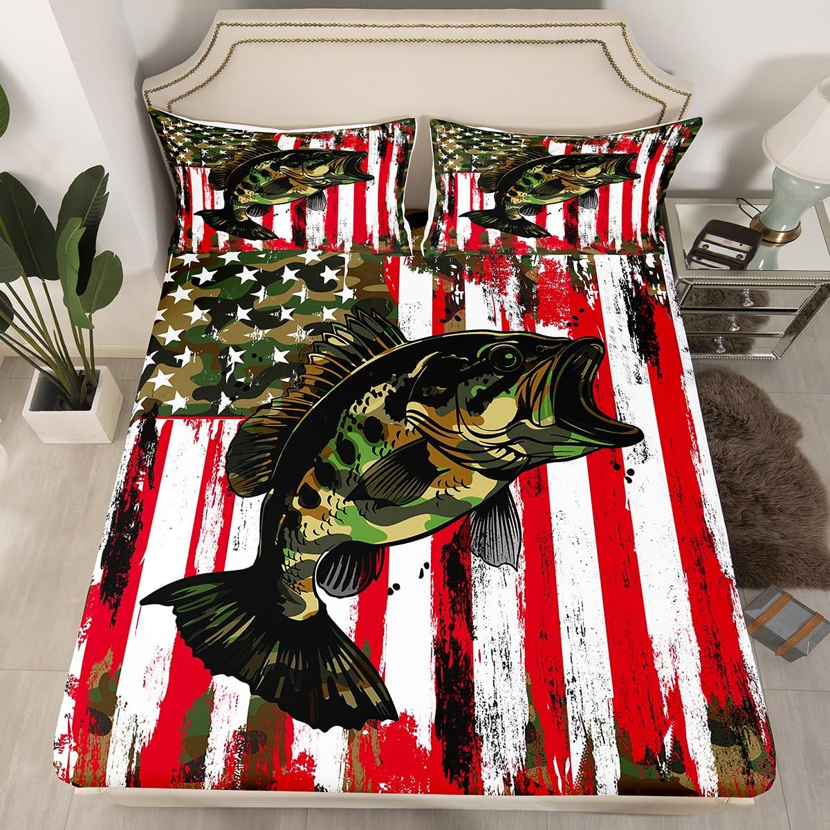 Camo Pike Fish Bed Sheet Set Camouflage American Flag Bass Big Fish Fitted Sheet Fishing and Hunting Bedding Set Fisherman Bedroom Decor Military Bed Cover Queen Size with 2 Pillow Case