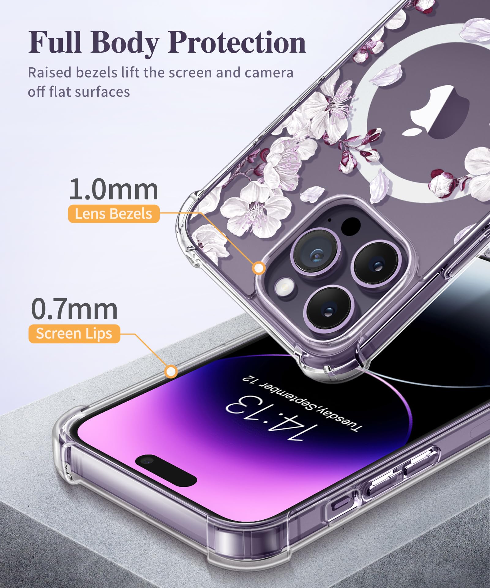 GVIEWIN for iPhone 14 Pro Max Case Compatible with MagSafe, [Screen Protector + Camera Lens Protector][MIL-Grade Protection] Magnetic Floral Clear Shockproof Women for 14 Pro Max Phone Case(Foliolosa)