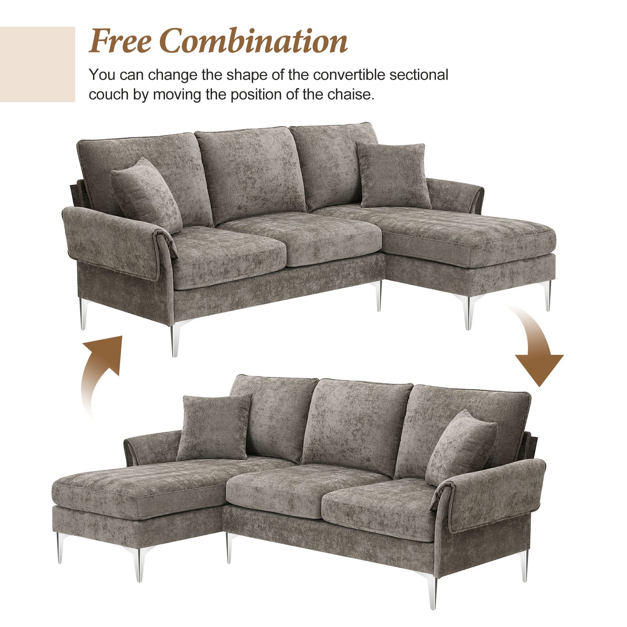 LCH 84" Convertible Sectional, Modern Chenille L-Shaped Sofa Couch with Reversible Chaise Lounge, 2 Pillows, Fit for Living Room, Apartment, Espresso