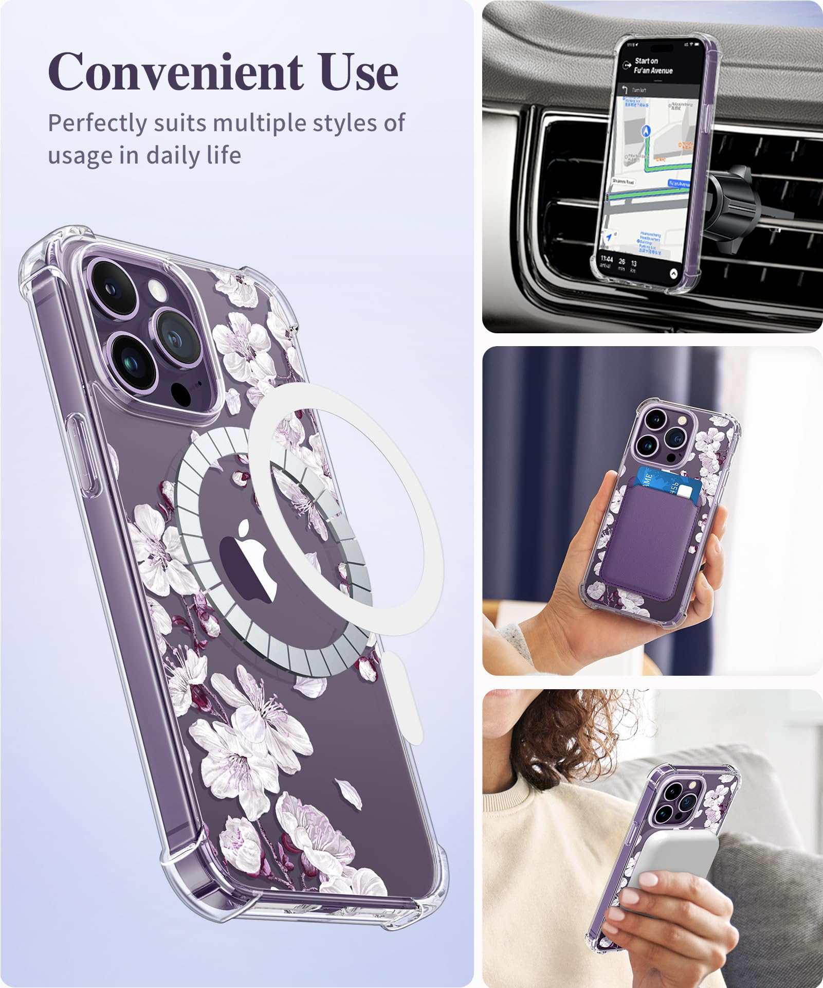 GVIEWIN for iPhone 14 Pro Max Case Compatible with MagSafe, [Screen Protector + Camera Lens Protector][MIL-Grade Protection] Magnetic Floral Clear Shockproof Women for 14 Pro Max Phone Case(Foliolosa)