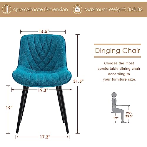 YOUNUOKE Comfortable Dining Chairs Set of 2, Mid-Century Modern Kitchen Dining Room Chairs, Upholstered Backrest Boucle Dining Chair with Black Metal, Teal