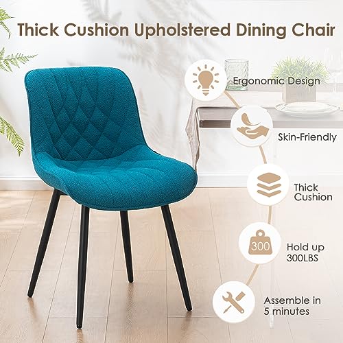 YOUNUOKE Comfortable Dining Chairs Set of 2, Mid-Century Modern Kitchen Dining Room Chairs, Upholstered Backrest Boucle Dining Chair with Black Metal, Teal