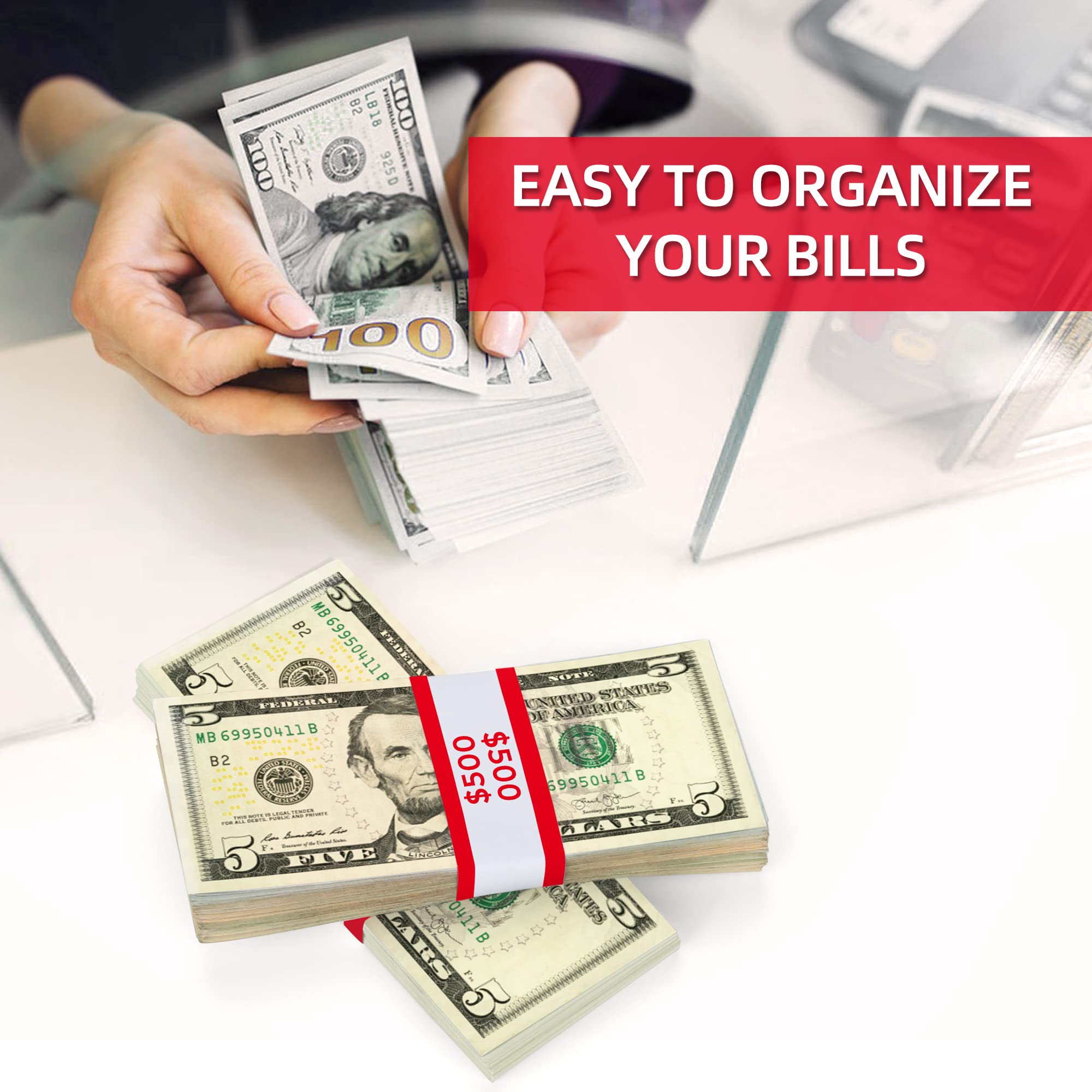 Money Bands 550 Pack for Cash Self Adhesive Wrappers for Bills Currency Straps for Dollar Wraps Organizer($500 / Red)