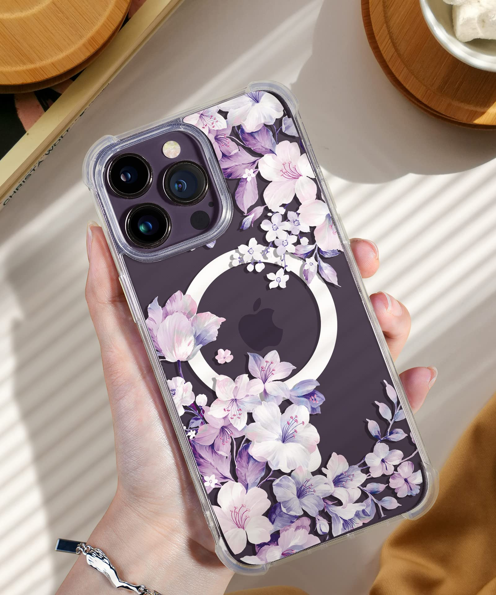 GVIEWIN for iPhone 14 Pro Max Case Compatible with MagSafe, [Screen Protector + Camera Lens Protector][MIL-Grade Protection] Magnetic Floral Clear Shockproof Women for 14 Pro Max Phone Case(Foliolosa)
