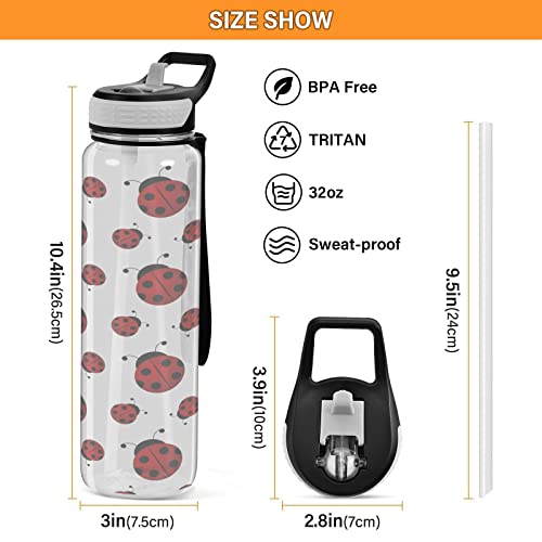 xigua Ladybug Water Bottle with Straw Lid,32 oz Leakproof Sport Water Bottle with Wide Handle for Gym,Cycling,School,Travel
