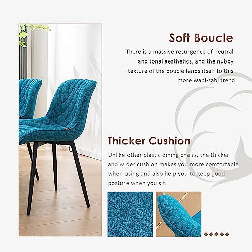 YOUNUOKE Comfortable Dining Chairs Set of 2, Mid-Century Modern Kitchen Dining Room Chairs, Upholstered Backrest Boucle Dining Chair with Black Metal, Teal