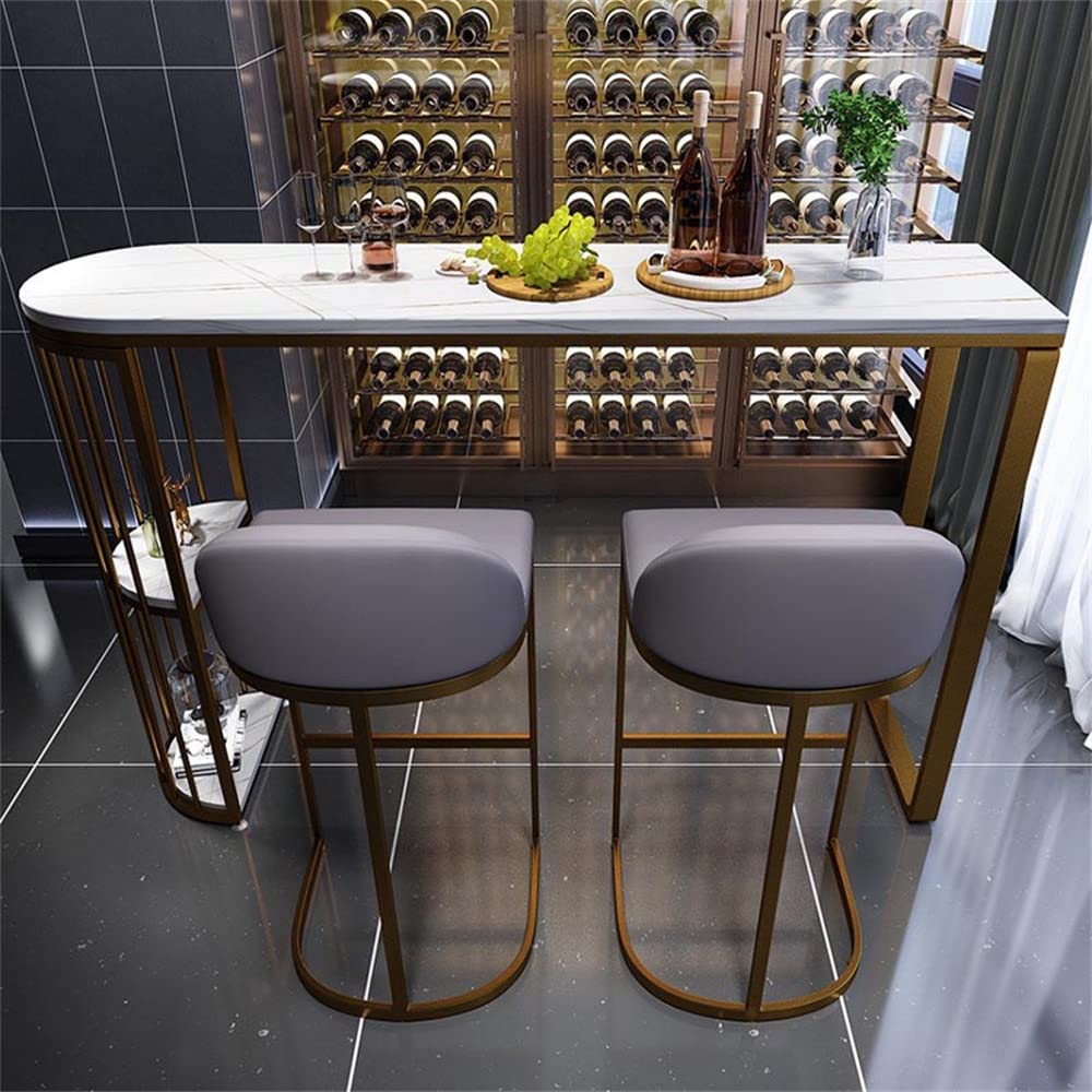 LITFAD Modern Bar Table Set Slate Counter Table with High Stools Home Dining Table with 2 Counter Stools Luxury Kitchen Table Chair - 3 Pieces: White-Gold Table, 2 Stools