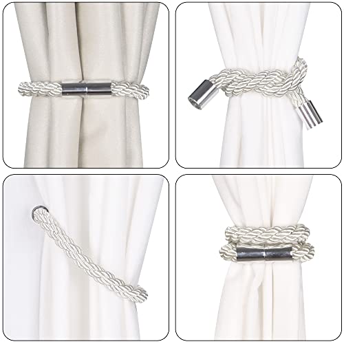 Groleca 2 Pack Strong Magnetic Curtain Tiebacks Curtain Holdbacks Curtain Ties Curtain Tie Backs with Thicker Twist Rope & Upgrade Strong Magnetic Tiebacks for Curtains (Creamy-white, 2)