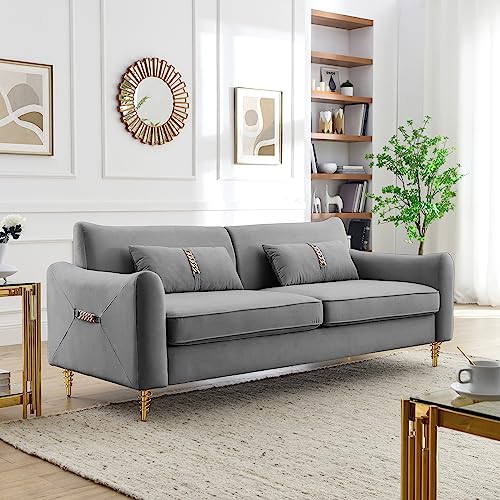 Goohome Tufted Couch, Chesterfield Velvet Upholstered 3-Seater Comfy Sofa, Living Room Furniture Sets, with Solid Wood Frame and Gold Legs, Fit for Bedroom, Office, A-Gray a