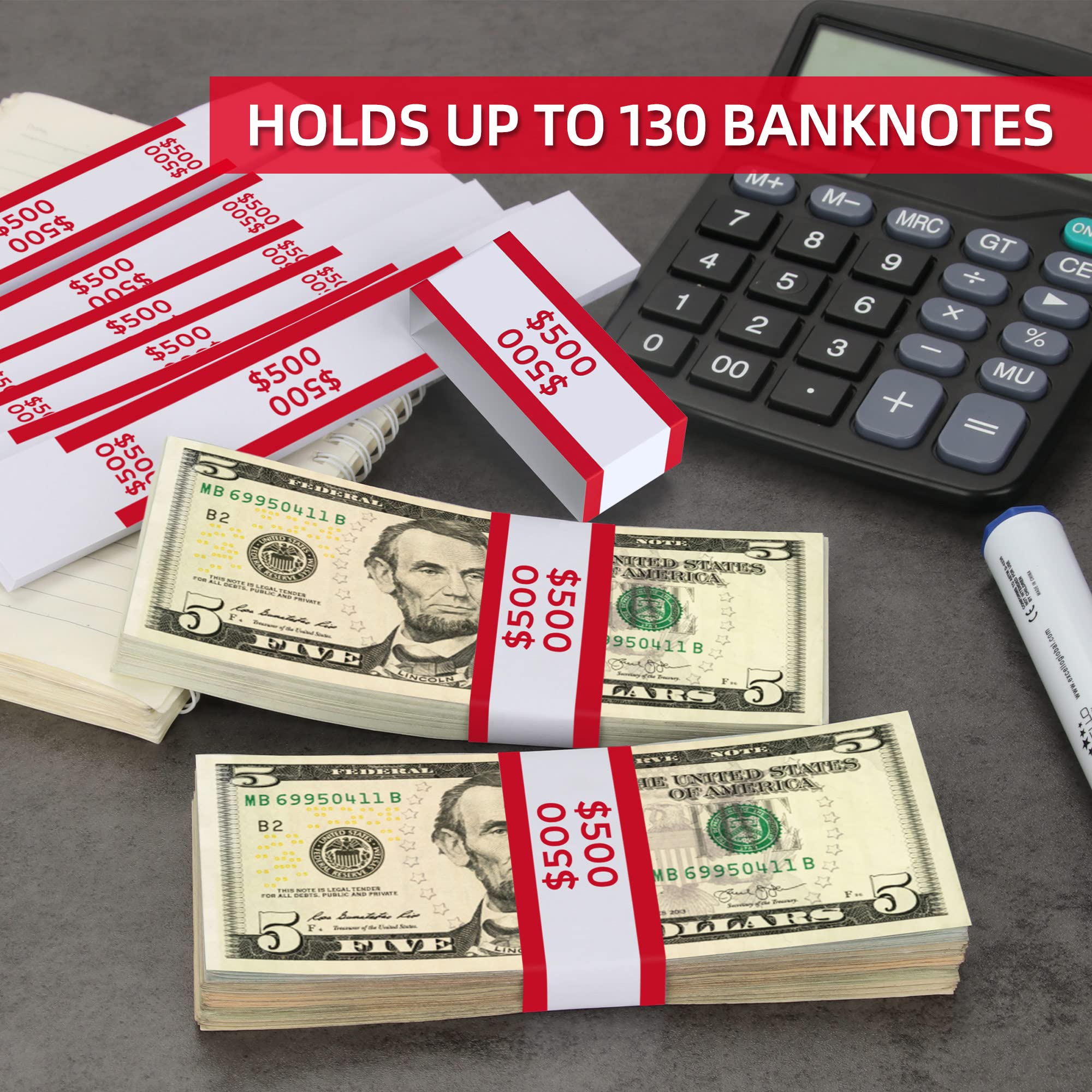 Money Bands 550 Pack for Cash Self Adhesive Wrappers for Bills Currency Straps for Dollar Wraps Organizer($500 / Red)