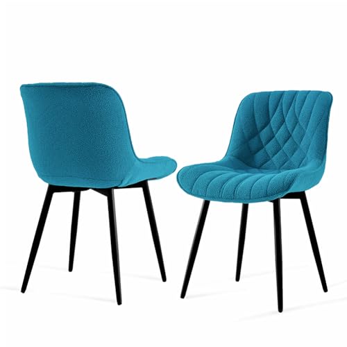 YOUNUOKE Comfortable Dining Chairs Set of 2, Mid-Century Modern Kitchen Dining Room Chairs, Upholstered Backrest Boucle Dining Chair with Black Metal, Teal