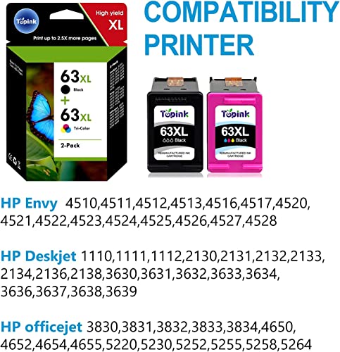 63XL Ink Cartridge Combo Pack Compatible for HP63 HP Ink 63 Black XL HP Printer Ink Cartridges for HP Envy 4520 4512 4516; Officejet 5252 3830 3833 4655 5255 Printer(1 Black, 1 Color)