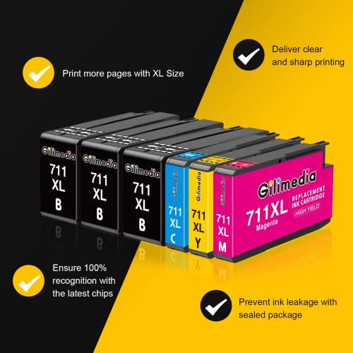 Compatible 711 Ink Cartridges Replacement for HP 711XL Ink Work for HP Designjet T120 T520 24-in 36-in Printer(3 Black, 1 Cyan, 1 Magenta, 1 Yellow, 6-Pack)