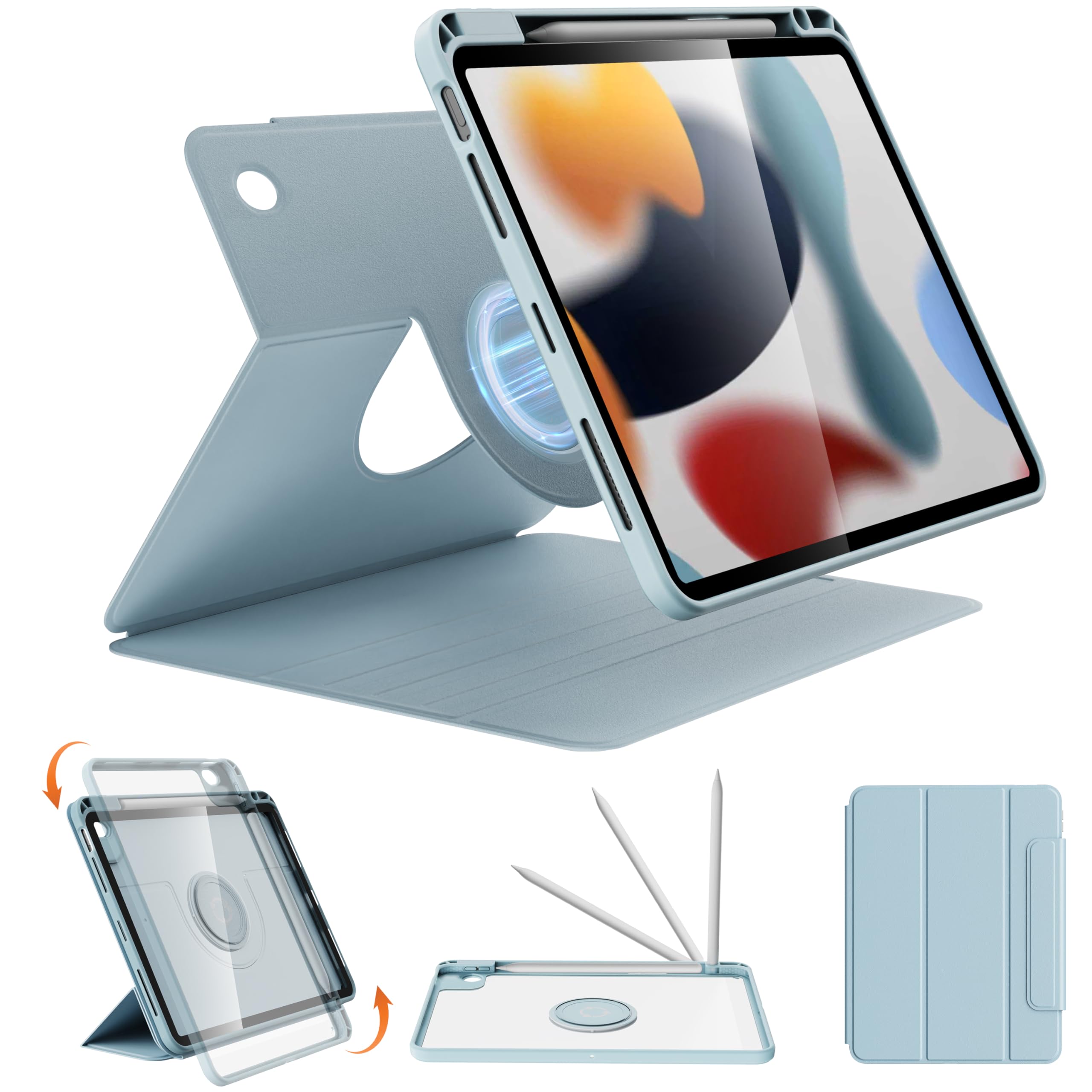 nimin Rotatable Case for 10.2 inch iPad 7th / 8th / 9th Generation Protective,Detachable Magnetic Protective,360° Rotating,Adjustable Stand,Pen Holder,Auto Sleep/Wake,Light Blue