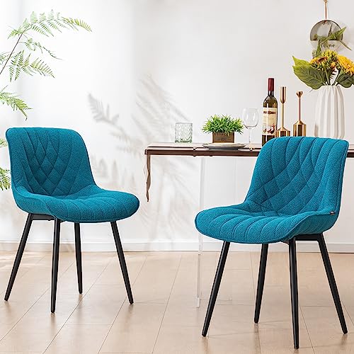 YOUNUOKE Comfortable Dining Chairs Set of 2, Mid-Century Modern Kitchen Dining Room Chairs, Upholstered Backrest Boucle Dining Chair with Black Metal, Teal