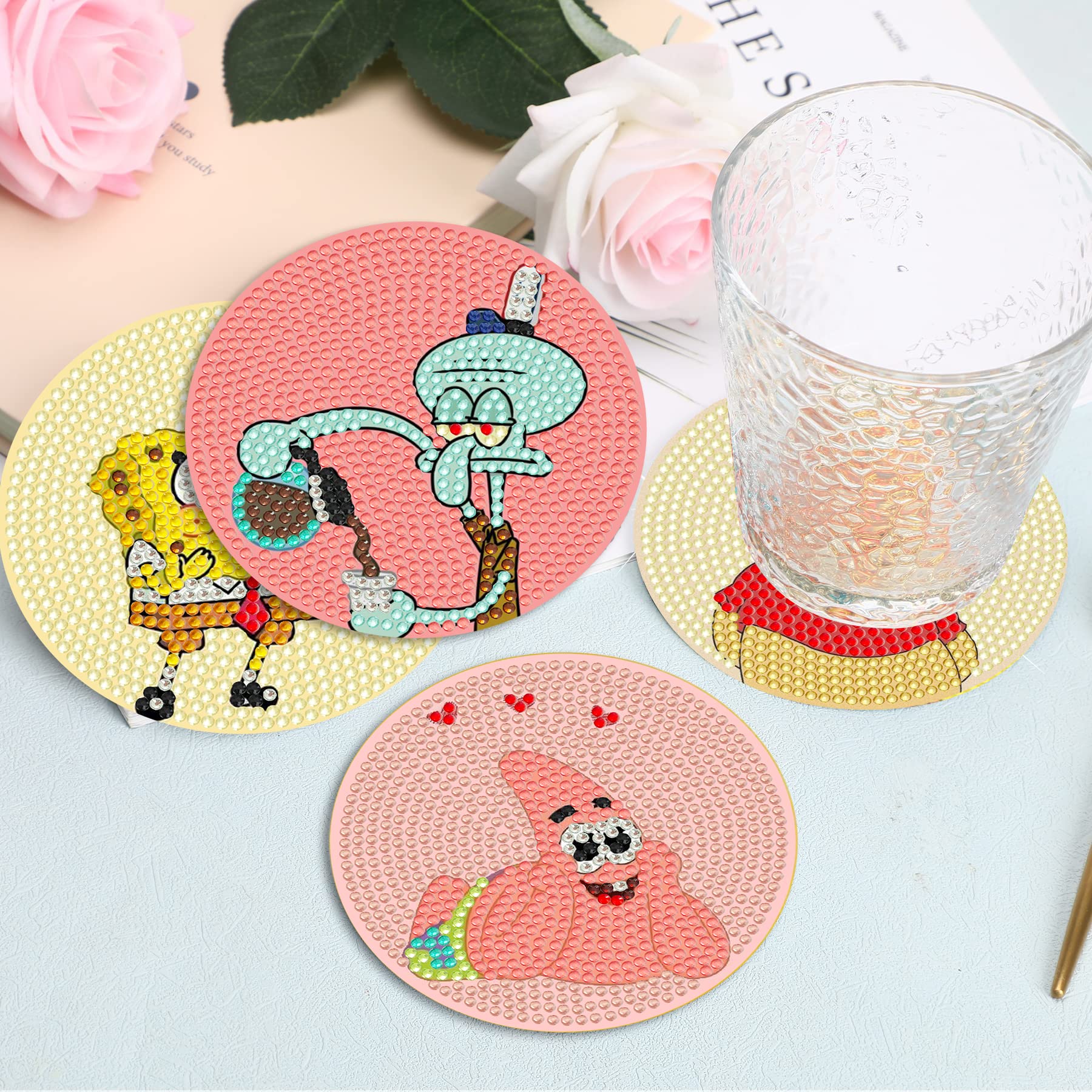 cupmod 8Pcs Diamond Painting Coasters Kits,DIY Cartoon Diamond Art Coasters Kits for Adults Kids Beginners,Diamond Painting Coasters with Holder for Home