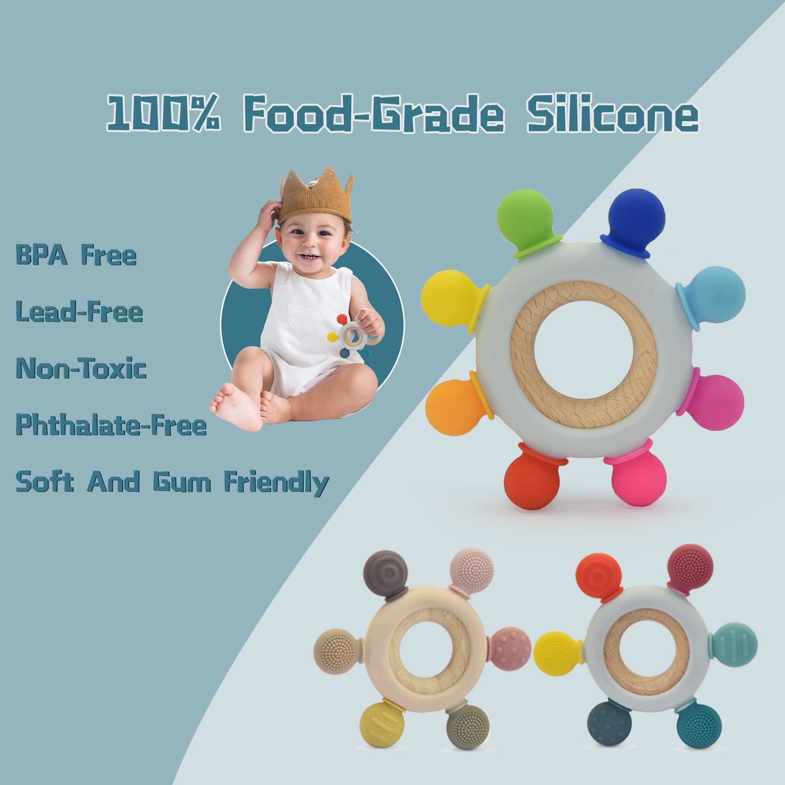 Baby Teething Toys Silicone Chewable Teethers BPA Free Silicone Rudder with Removable Wooden Ring for Soothing Babies Gums Teethers for Babies 0-24 Months (Beige,6 Directions)