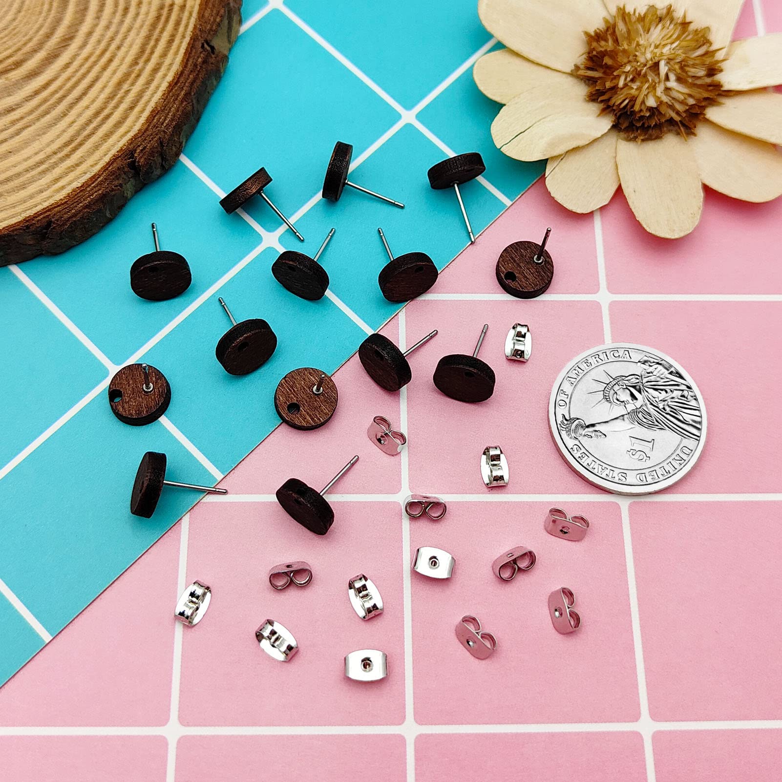 Wooden Earring Studs for Jewelry Making,100Pcs Wood Earring Posts Earrings Findings Wood Round Stud Earrings with Loop Earring Pin Stud Bulk with Earrings Backs for DIY Earrings Making Supplies