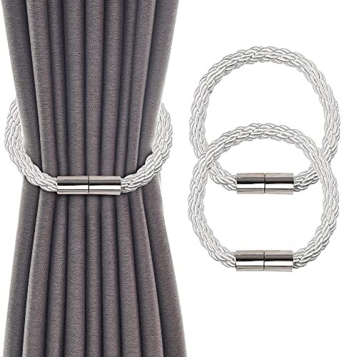 Groleca 2 Pack Strong Magnetic Curtain Tiebacks Curtain Holdbacks Curtain Ties Curtain Tie Backs with Thicker Twist Rope & Upgrade Strong Magnetic Tiebacks for Curtains (Creamy-white, 2)