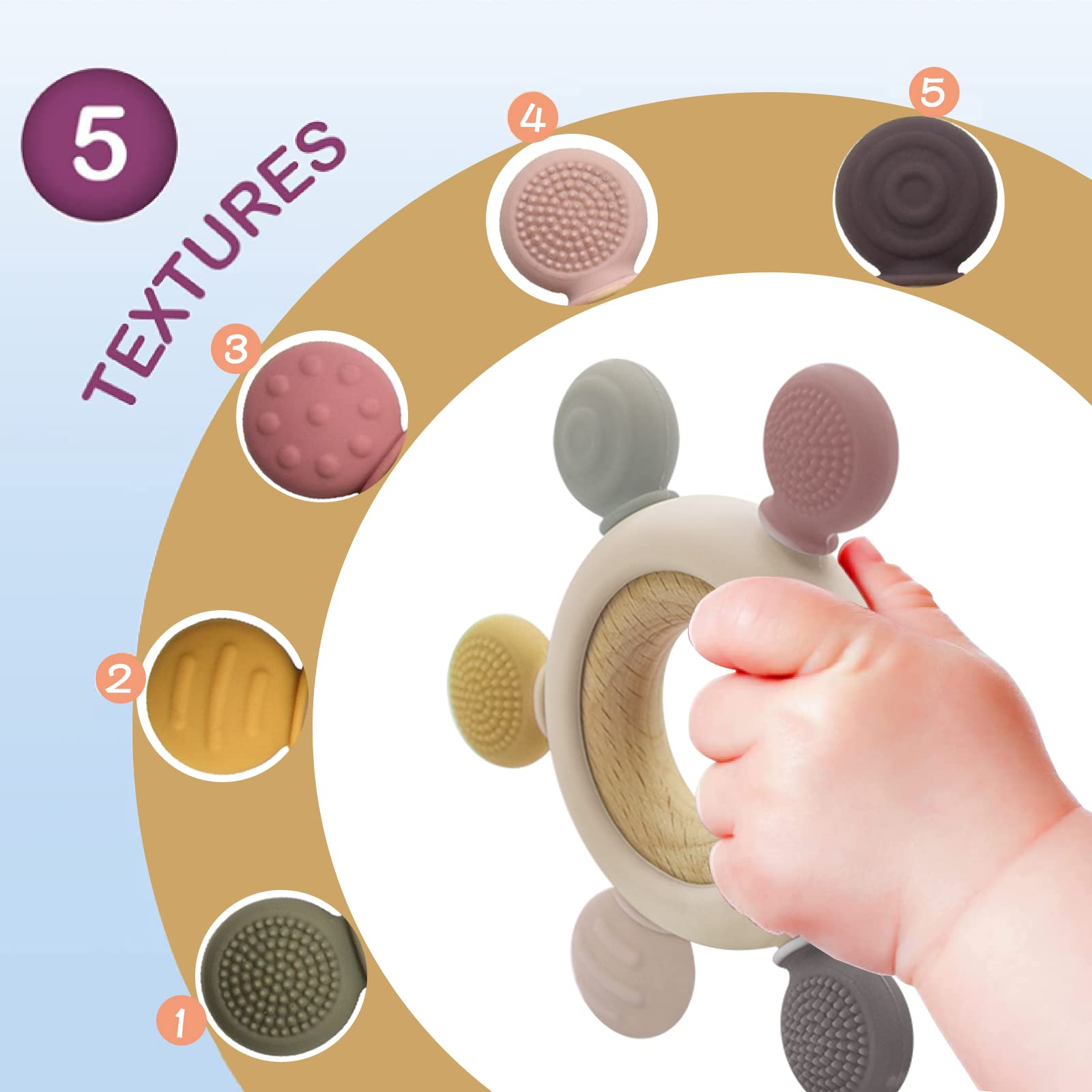 Baby Teething Toys Silicone Chewable Teethers BPA Free Silicone Rudder with Removable Wooden Ring for Soothing Babies Gums Teethers for Babies 0-24 Months (Beige,6 Directions)