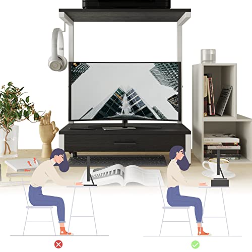 2 Tier Desktop Printer Stand Monitor Stand with Drawer, Small Home Printer Stand, Desk Organizer with Hook Non-Slip Feet for Home and Office(Black)