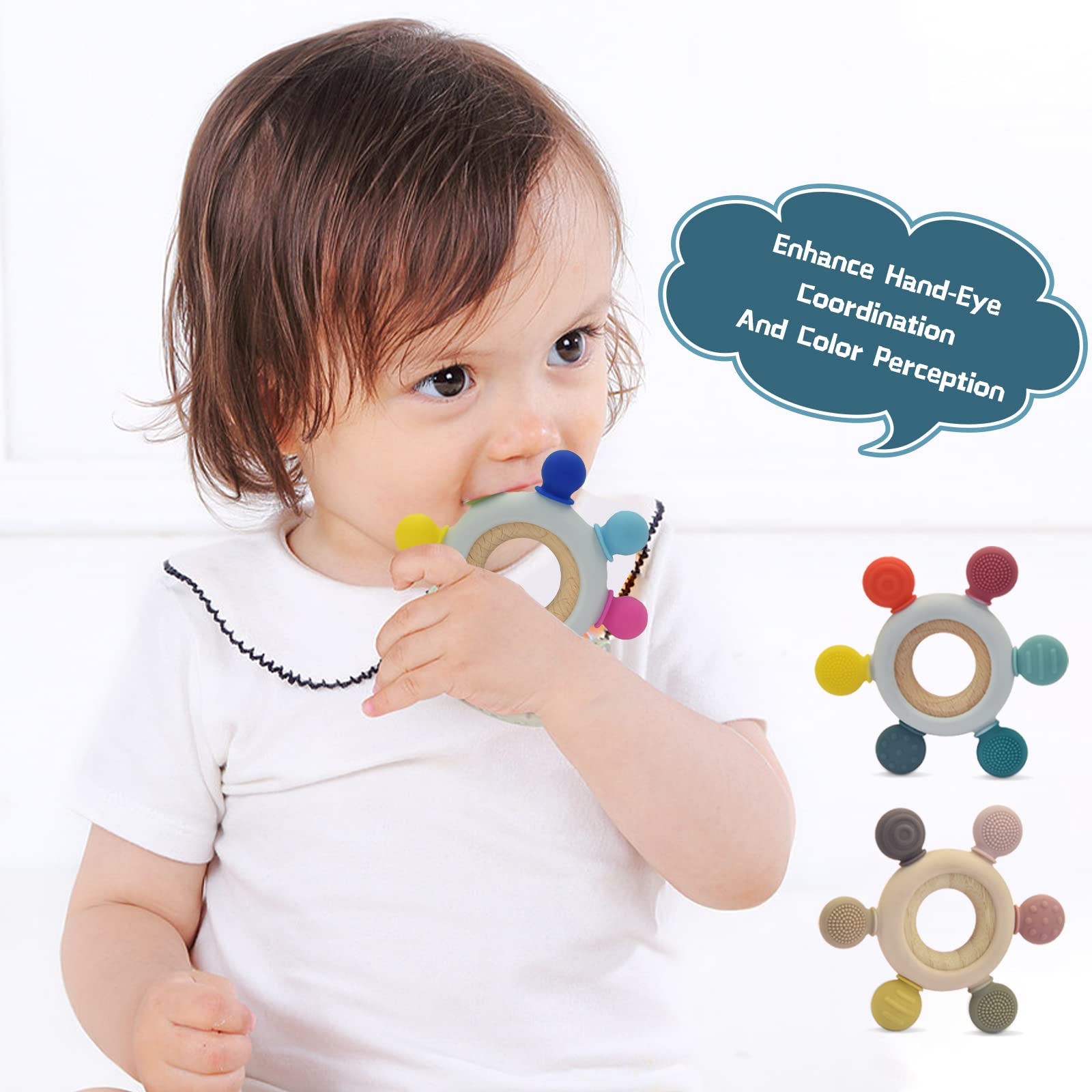Baby Teething Toys Silicone Chewable Teethers BPA Free Silicone Rudder with Removable Wooden Ring for Soothing Babies Gums Teethers for Babies 0-24 Months (Beige,6 Directions)