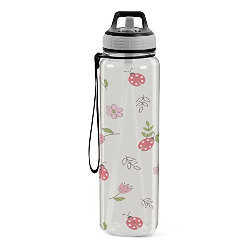 xigua Ladybug Water Bottle with Straw Lid,32 oz Leakproof Sport Water Bottle with Wide Handle for Gym,Cycling,School,Travel