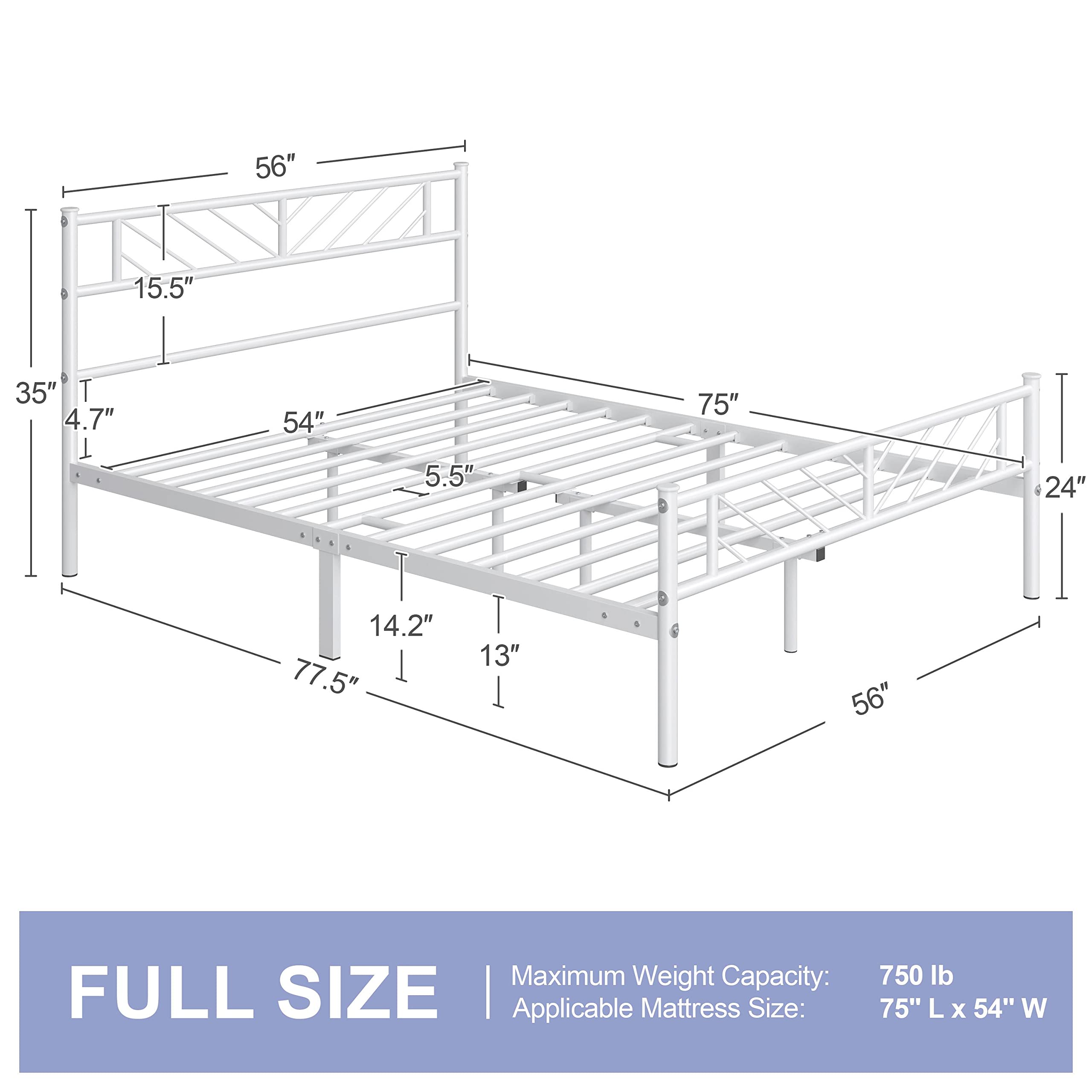 Yaheetech Full Size Platform Bed Frame with Arrow Design Headboard, 13 Inches Metal Mattress Foundation for Storage, No Box Spring Needed, Easy Assembly, Modern, White