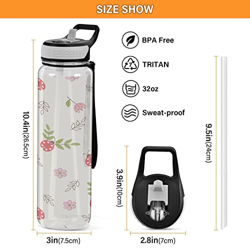 xigua Ladybug Water Bottle with Straw Lid,32 oz Leakproof Sport Water Bottle with Wide Handle for Gym,Cycling,School,Travel
