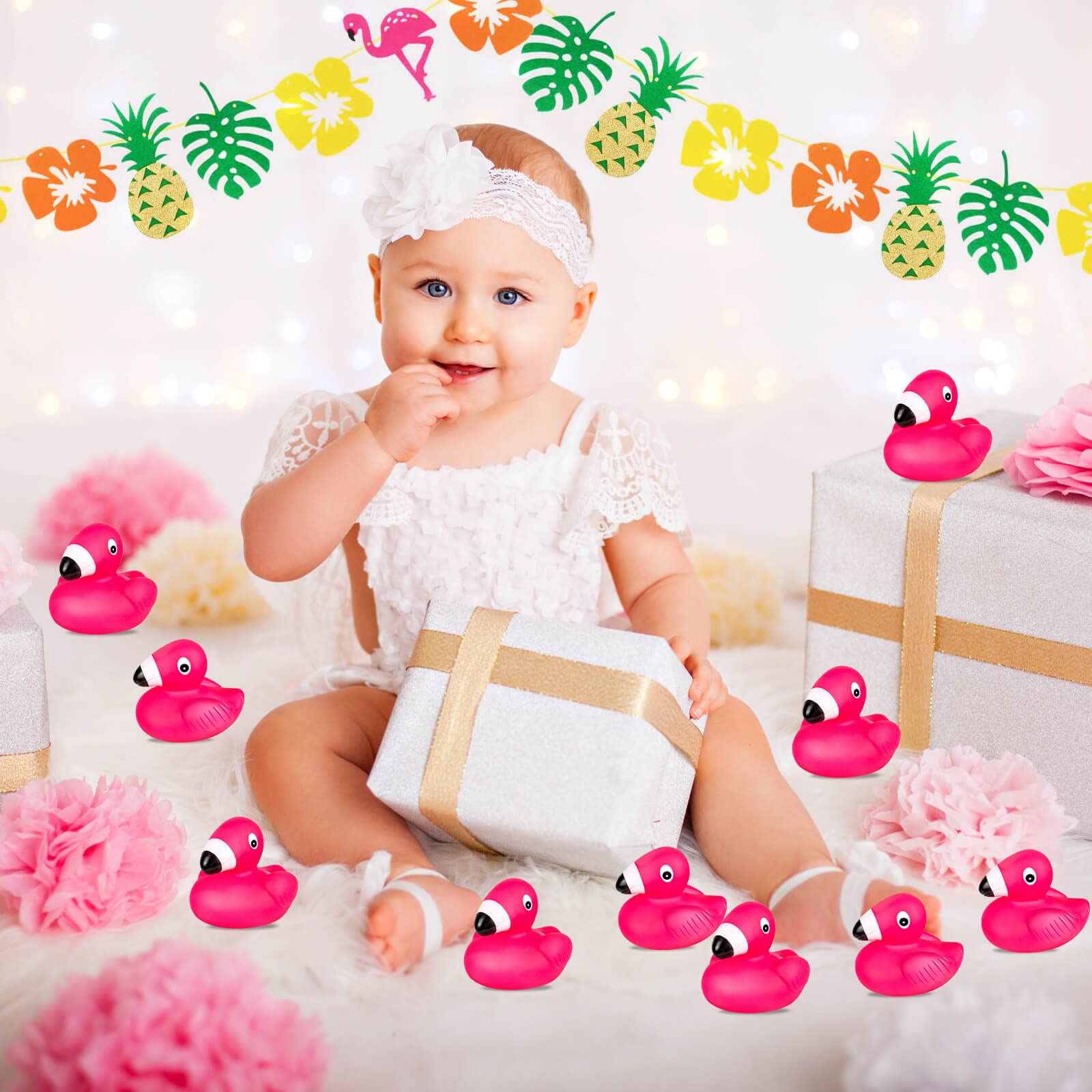 Flamingo Rubber Duckies for Kids, 12PCS Pink Flamingo Duck Bath Toys Cute Floating Squeaky Mini Rubber Ducks for Baby Shower, Cake Decoration, Classroom Carnival Prizes