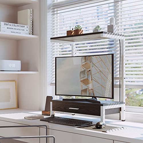 2 Tier Desktop Printer Stand Monitor Stand with Drawer, Small Home Printer Stand, Desk Organizer with Hook Non-Slip Feet for Home and Office(Black)