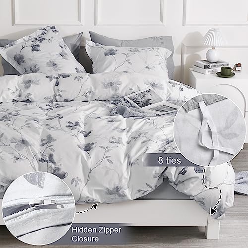 PHF 100% Cotton Printed Duvet Cover Queen Size, 3 Pieces Soft Breathable Duvet Cover Set for All Season, Stylish Floral Pattern Smooth Comforter Cover with 2 Pillow Shams, 90" x 90", White Grey-Floral