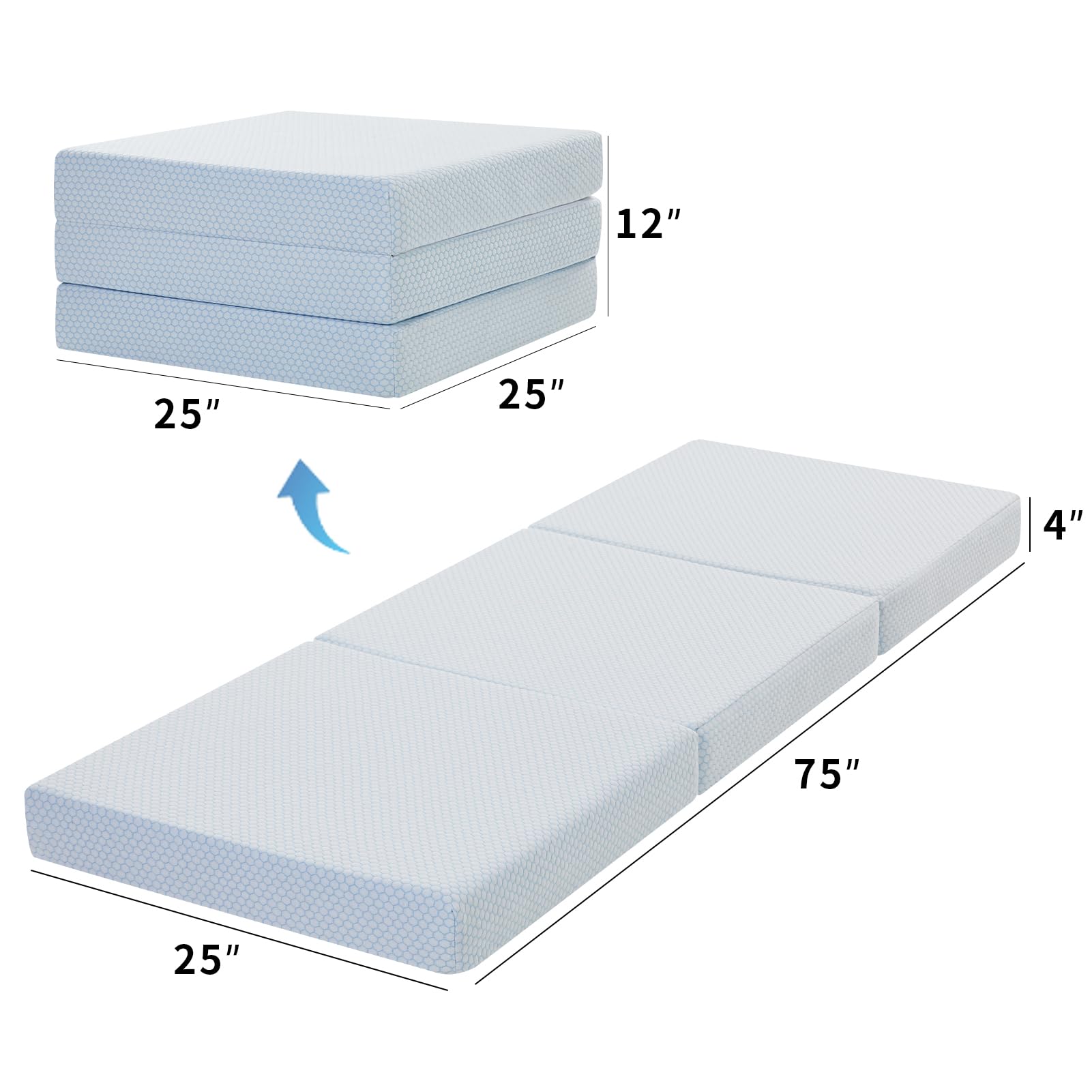 Hush Hutting Folding Mattress, 4 inch Memory Form Portable Trifold Mattress Topper with Washable Cover, Non-Slip Bottom Camping Guest Bed, Play Mat, Single Size - 75"x25"x4"