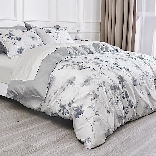 PHF 100% Cotton Printed Duvet Cover Queen Size, 3 Pieces Soft Breathable Duvet Cover Set for All Season, Stylish Floral Pattern Smooth Comforter Cover with 2 Pillow Shams, 90" x 90", White Grey-Floral