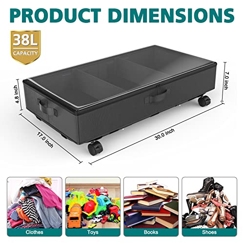 3rd Generation Under Bed Storage with Wheels 2-in-1 Underbed Storage Bins Containers Label Shoe Storage Organizer Drawer Bag Clear Window Solid Fabric for Bedroom Clothes Shoe Blanket (one-black)